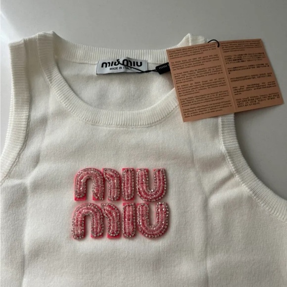Miu Miu | Tops | Miu Miu Ivory Tank With Pink Embellished Logo | Poshmark